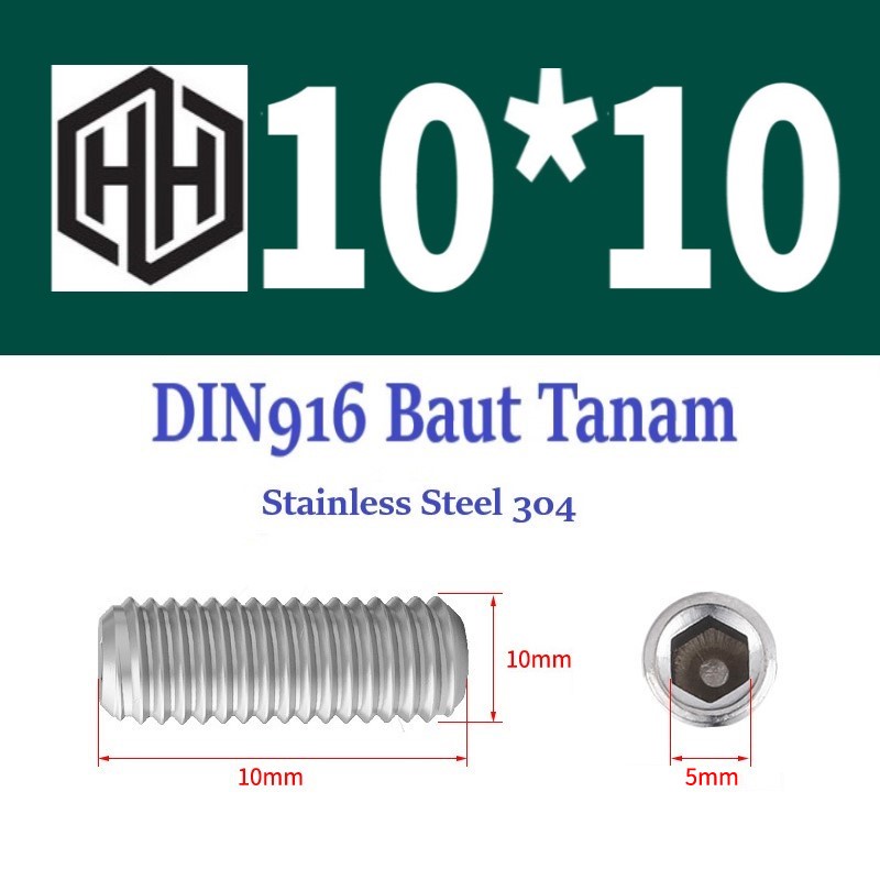 Jual Baut Tanam M10 x 10 Hex DIN916 Stainless Steel 304 | Shopee Indonesia