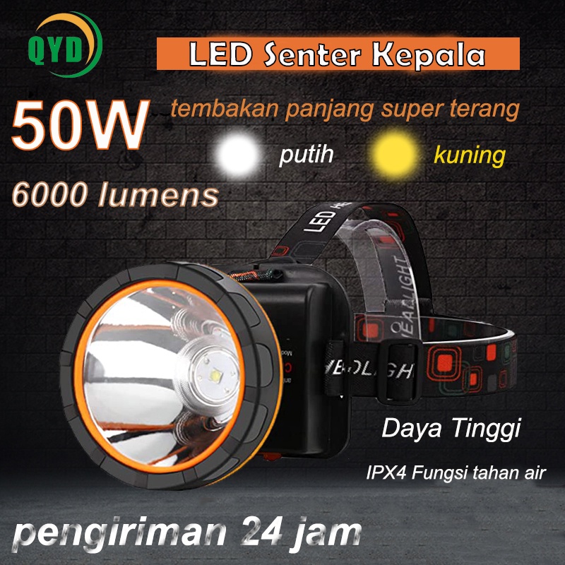 Jual QYD Senter kepala Cas LED super Terang 50watt IPx4 Tahan Air Headlamp 9600mAh Q8801 ...