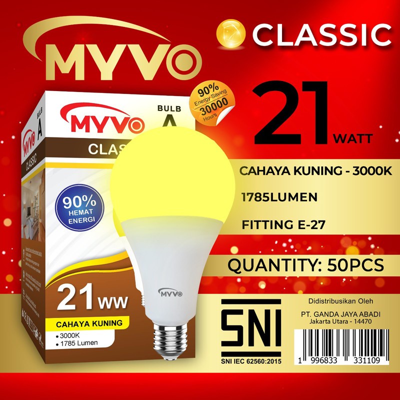 Jual Myvo Led Bulb Cahaya Kuning Warm White 3 5 7 9 12 15 18 21 Watt ...