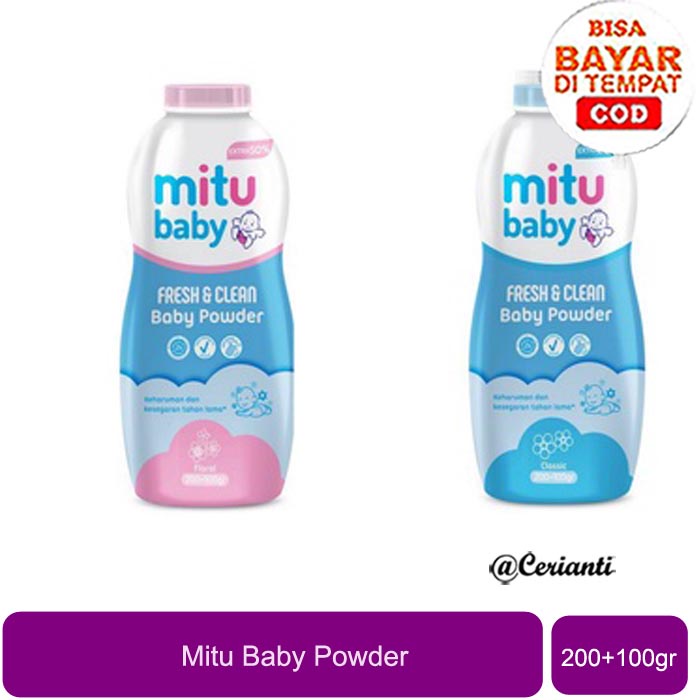 Jual [200+100GR] MITU Baby Powder Fresh and Clean Classic Blue | Floral ...