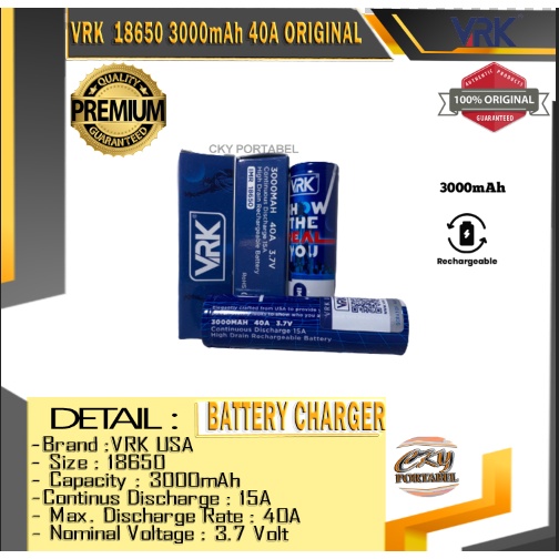 Jual BATTERY VRK IMR 18650 3000MAH 40A 3.7V BIRU RECHARGEABLE BATTERY ...