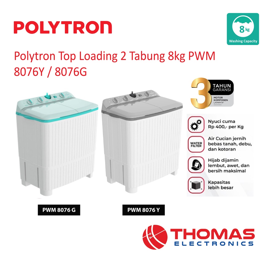 Jual Polytron Mesin Cuci 2 Tabung 8 Kg PWM 8076Y 8076G 8076 Garansi ...