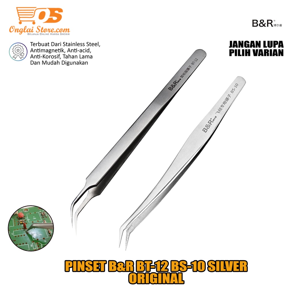 Jual Pinset Bengkok B&R BS -10 BT-12 Silver Precision SMD Tweezer ...