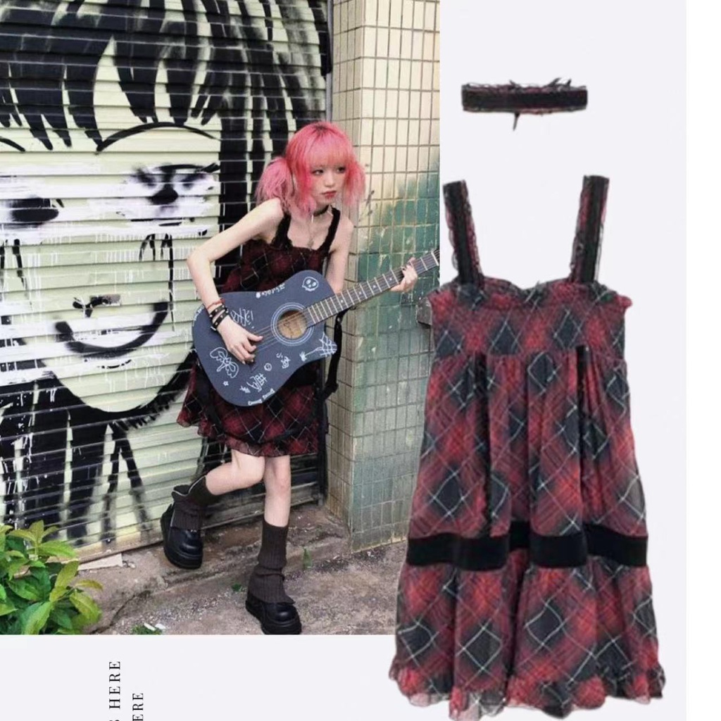 Jual COD##Rok suspender kotak merah punk baru wanita tali tipis gaun ...