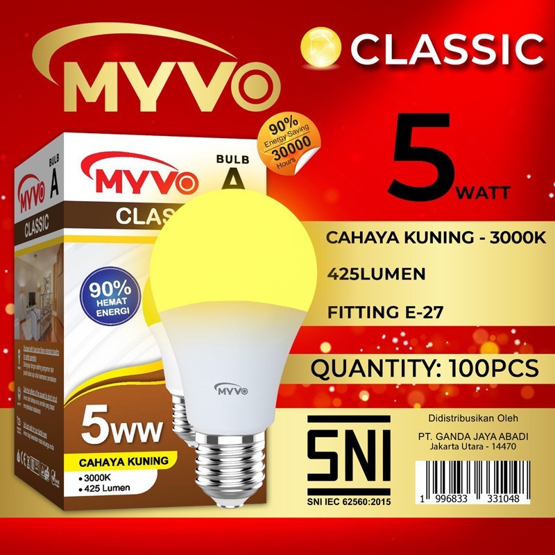 Jual Bohlam LED Myvo 5 Watt Cahaya Kuning Warm White Myvo Classic LED BULB | Shopee Indonesia