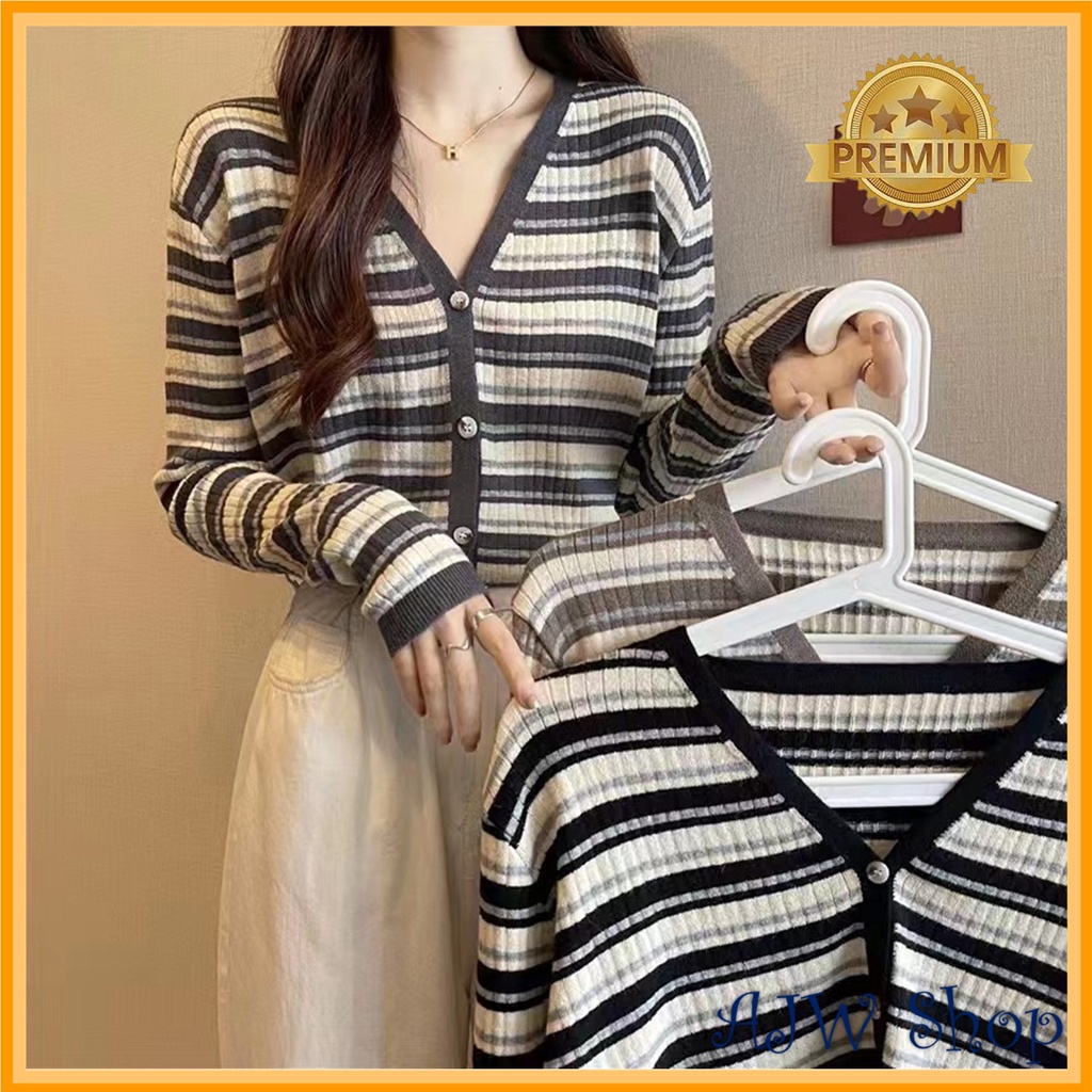 Jual AJW Atasan Rajut Wanita Lengan Panjang Import Premium Salur Garis Full Kancing WAD | Korean ...