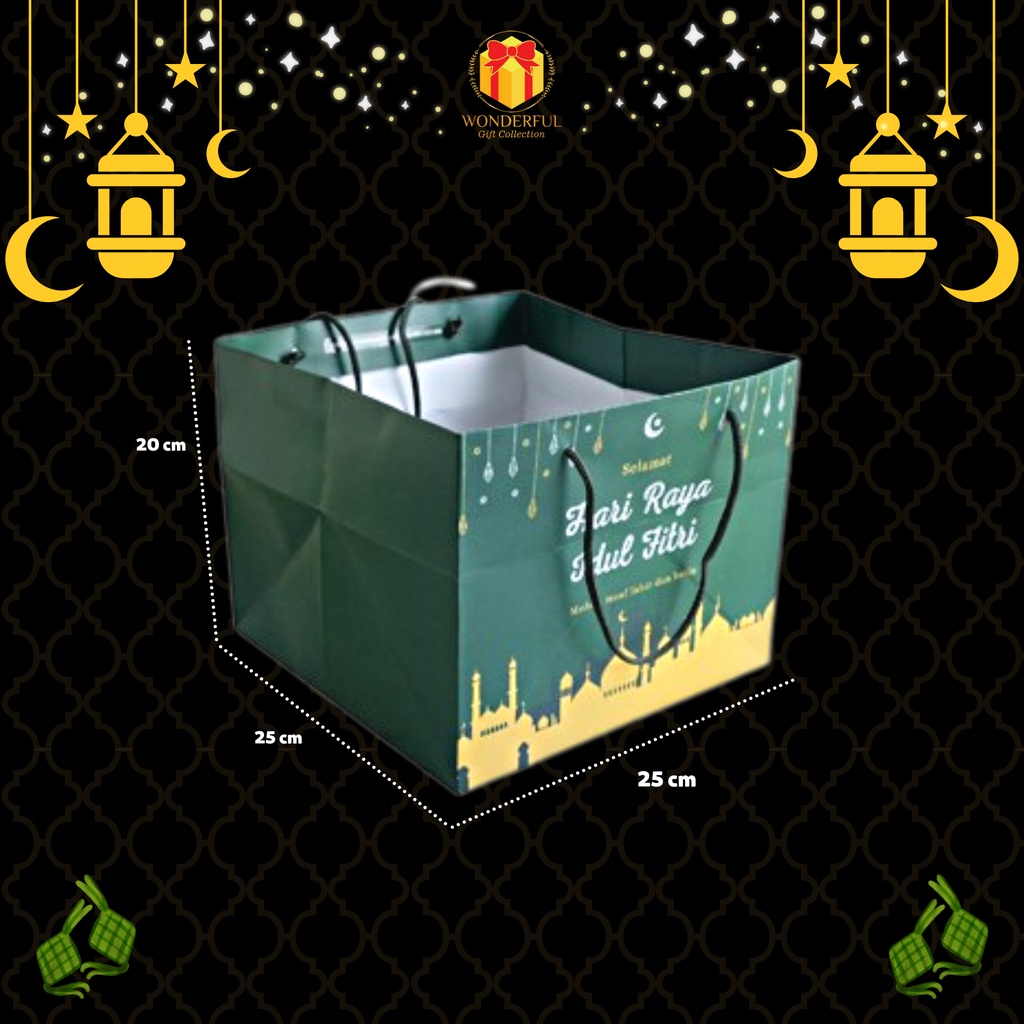 Jual [6 pc] GOODIE BAG / PAPER BAG HAMPERS HARI RAYA HIJAU 25X25X20 PBL02 | Shopee Indonesia
