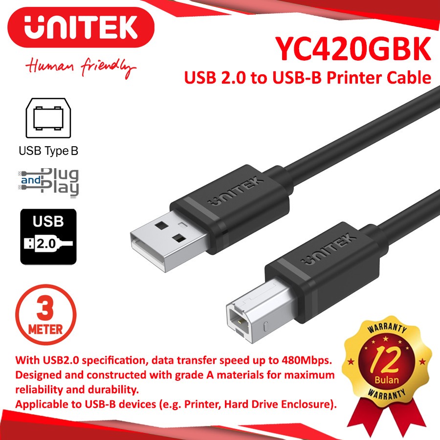 Jual KABEL DATA PRINTER 3M 3METER 3 METER KABEL PRINTER USB 2.0 UNITEK ...