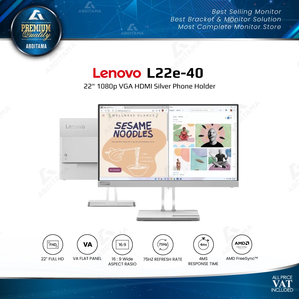 Jual Monitor Lenovo L22e-40 22" 1080p VGA HDMI Silver Phone Holder ...