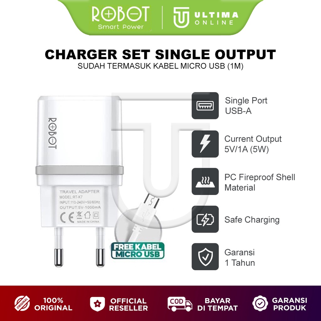 Jual ROBOT RT-K7 Quick Charger 5V/1A Bonus Kabel Micro USB Samsung ...