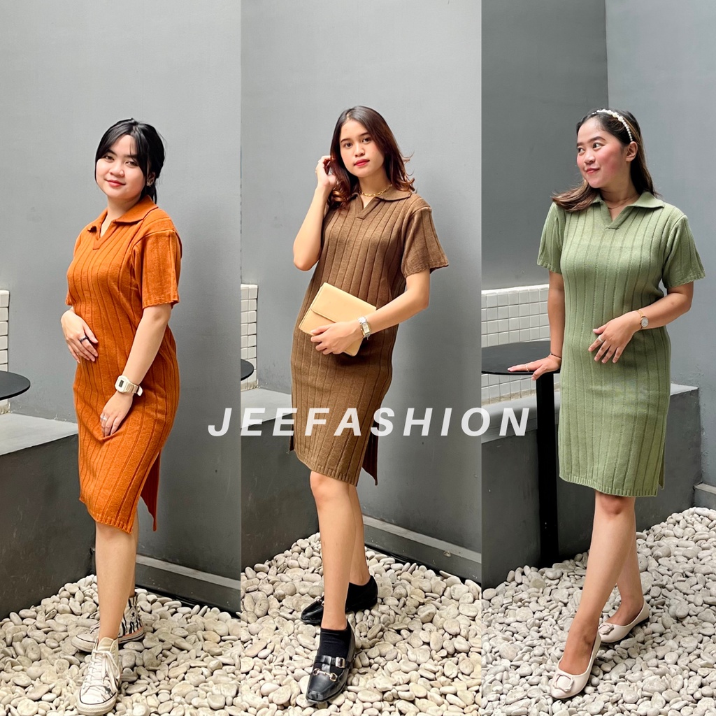 Jual Knit Slit Midi Dress Matilda / Baju Atasan Dress Rajut Salur Wanita Kerah Polo Premium ...