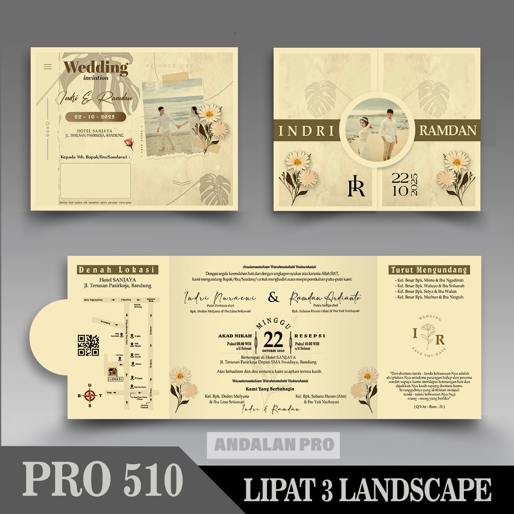 Jual 50 Desain Undangan Lipat 3 Landscape Bahan Jasmine LIGHT CREAM ...