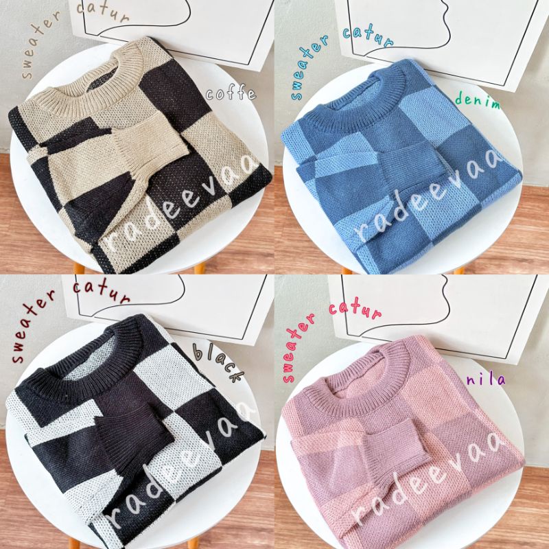 Jual SWEATER CATUR CHECKERBOARD CROP OVERSIZE ATASAN RAJUT WANITA TEBAL | Shopee Indonesia