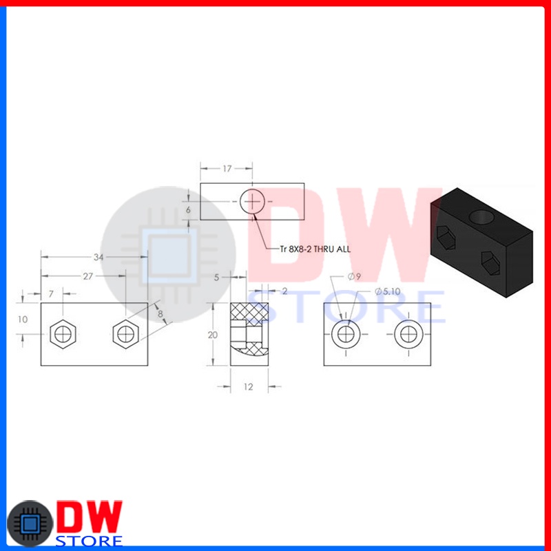 Jual OpenBuilds T8 Block Nut 3D Printer CNC Mur Blok T 8mm Lead Screw ...