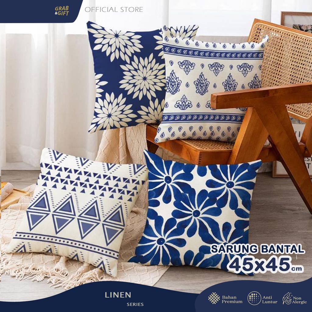 Jual SARUNG Bantal Sofa Print 45x45 cm Linen Motif White Sapphire Blue ...