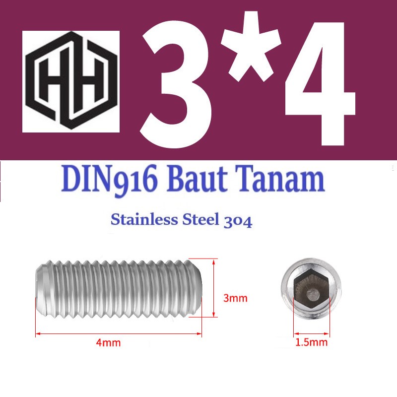 Jual Baut Tanam L M3 x 4 Hex DIN916 Stainless Steel BT34 | Shopee Indonesia
