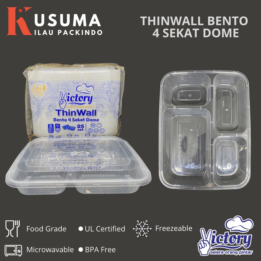Jual VICTORY THINWALL BENTO 4 SEKAT DOME ISI 25PCS PER PACK TUTUP ...