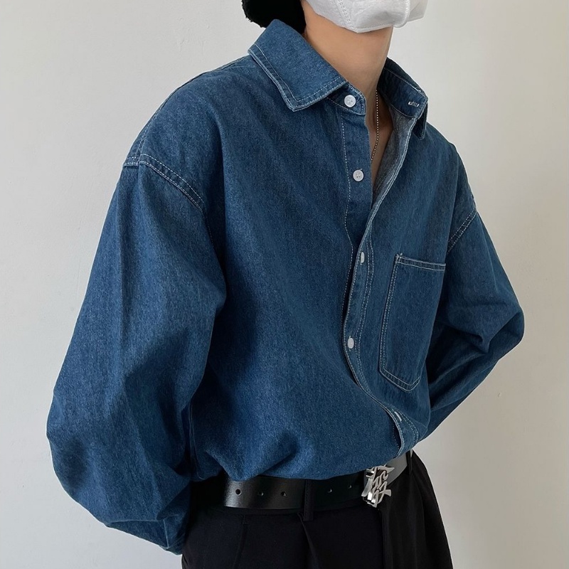 Jual Jepang Gaya Retro Musim Gugur Denim Kemeja Pria Lengan Panjang ...