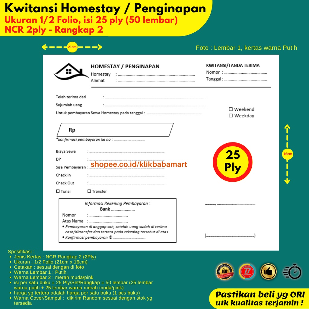 Jual KWITANSI HOMESTAY PENGINAPAN VILLA HOTEL 1/2 FOLIO RANGKAP 2 PUTIH ...