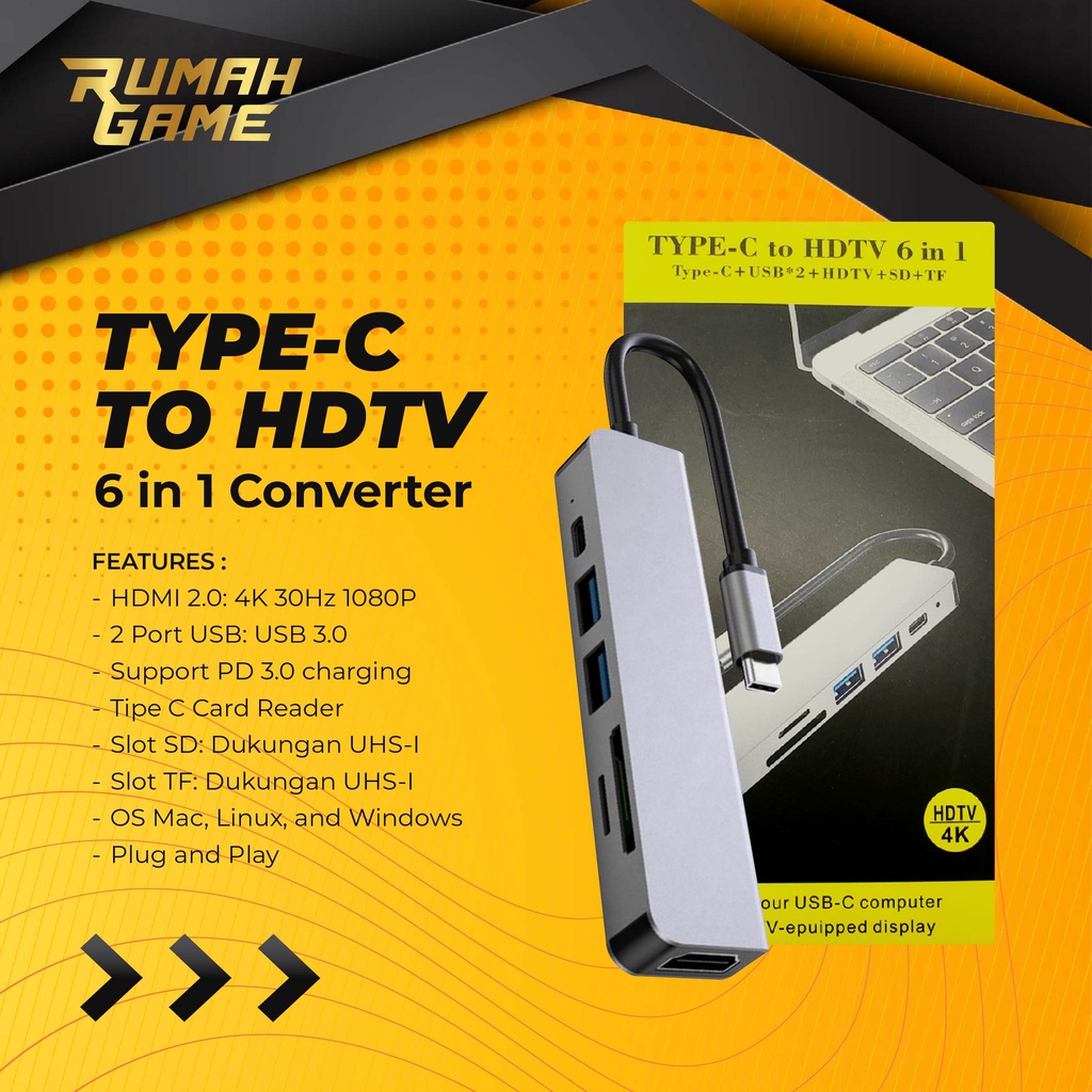 Jual Converter TYPE-C to HDTV 6 in 1 ( Type-C + USB 3.0 + HDMI + SD ...