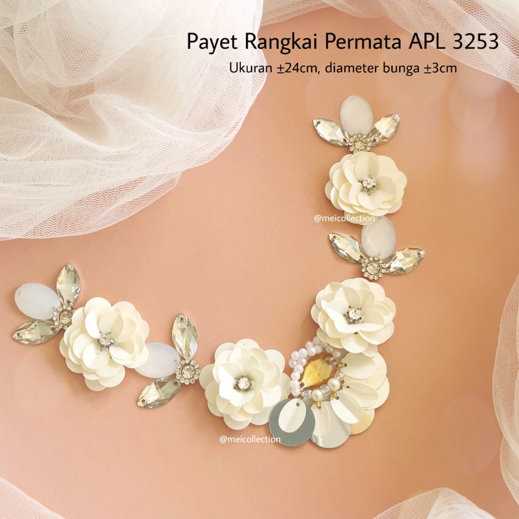 Jual payet rangkai leher putih off white ivory silver APL 3253 bunga 3d ...