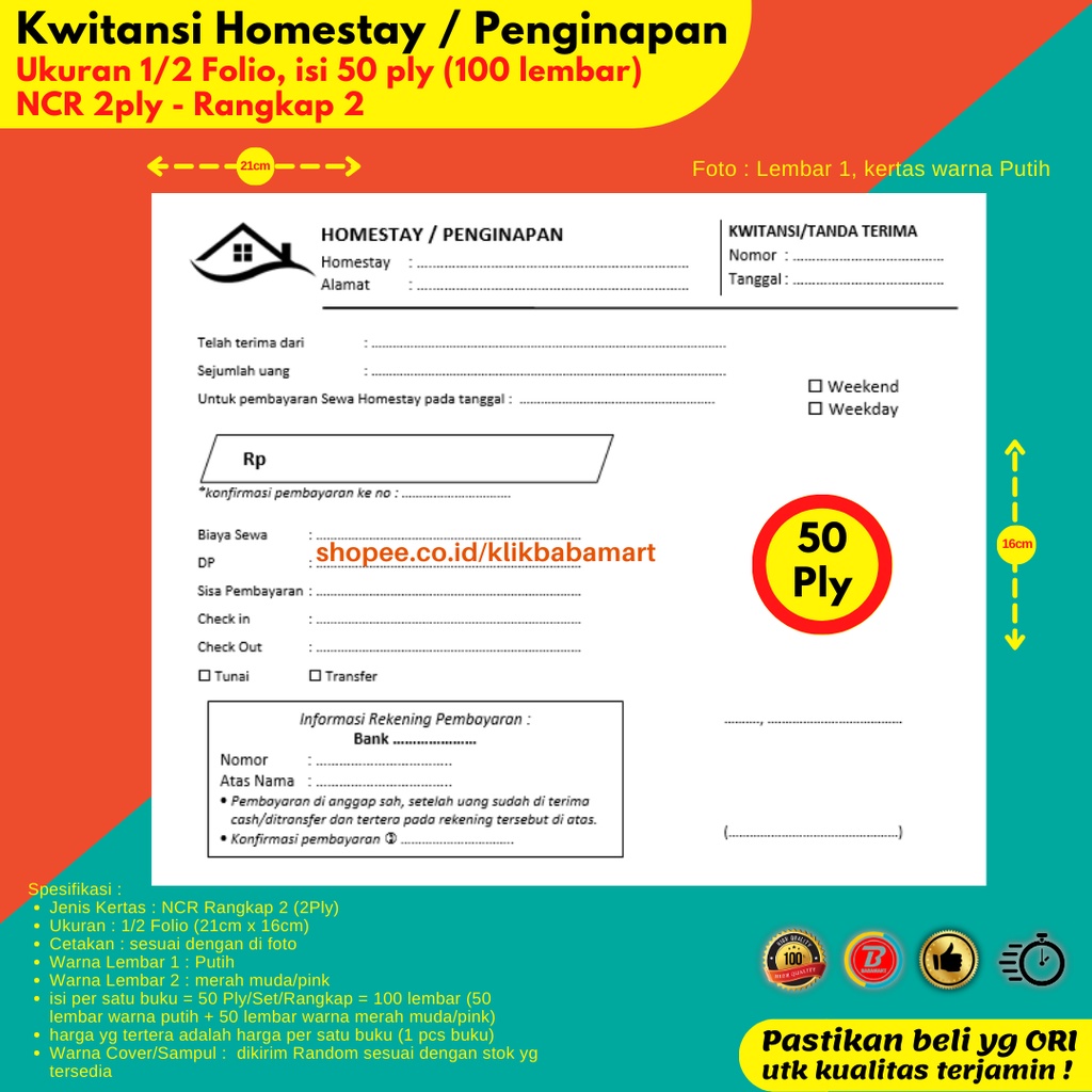 Jual KWITANSI HOMESTAY PENGINAPAN VILLA HOTEL 1/2 FOLIO RANGKAP 2 PUTIH ...