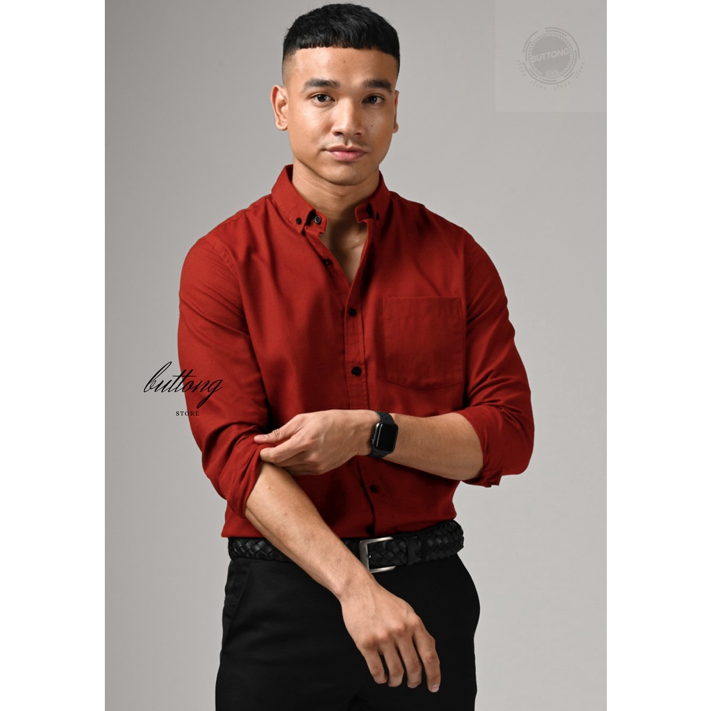 Jual KEMEJA PRIA LENGAN PANJANG POLOS MERAH BATA / ORANYE | Shopee ...