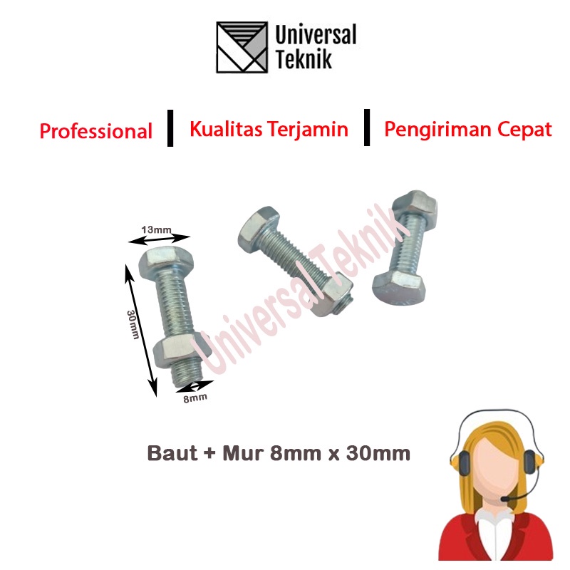 Jual Mur baut Baut mur roda karet troli caster troly nilon 8 x 30mm/pcs ...