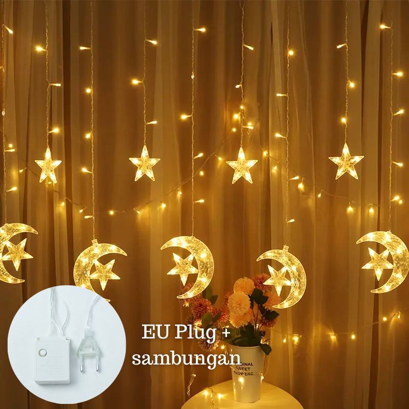 Jual Lampu Tirai Bulan Bintang LED Curtain Light 4M Lampu LED Lebaran ...