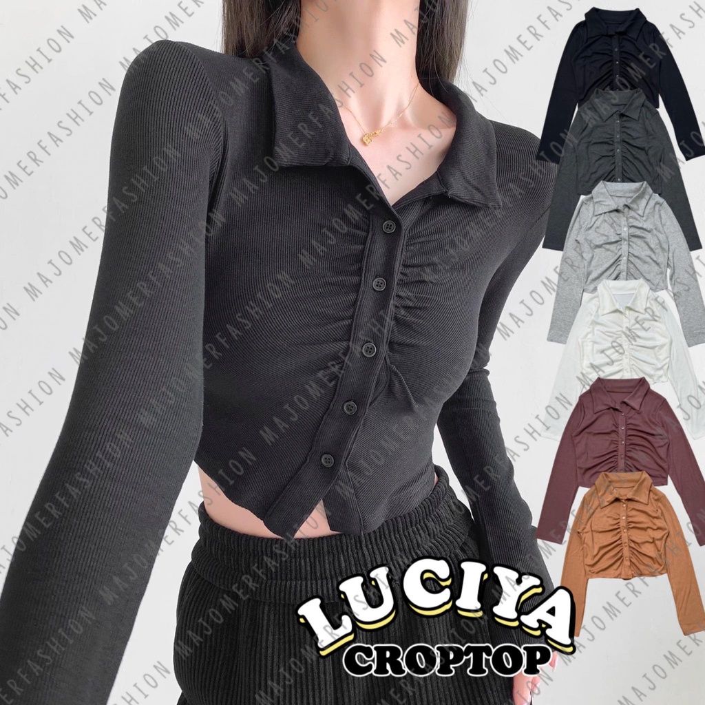 Jual MAJOMER | LUCIYA CROP TOP SERUT LENGAN PANJANG - KEMEJA KERUT RIB ...