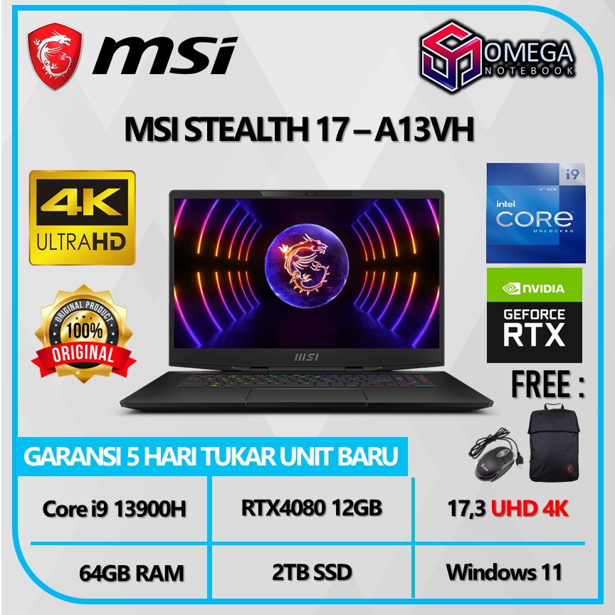 Jual MSI Stealth 17 Studio A13VH i9 13900H 64GB 2TB SSD RTX4080 12GB 17 ...