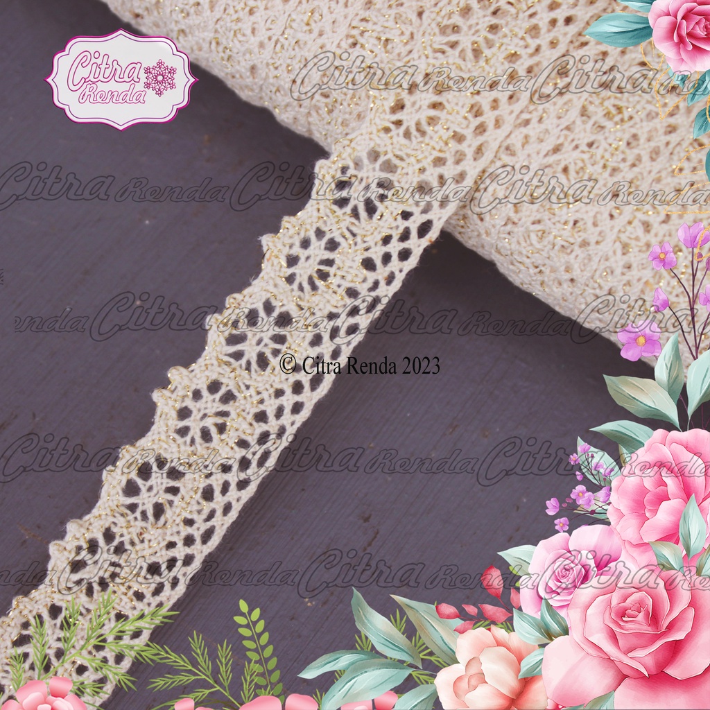 Jual (Per Meter) RDR242 Renda Rajut Krem Glitter Benang Emas Lebar 2Cm ...