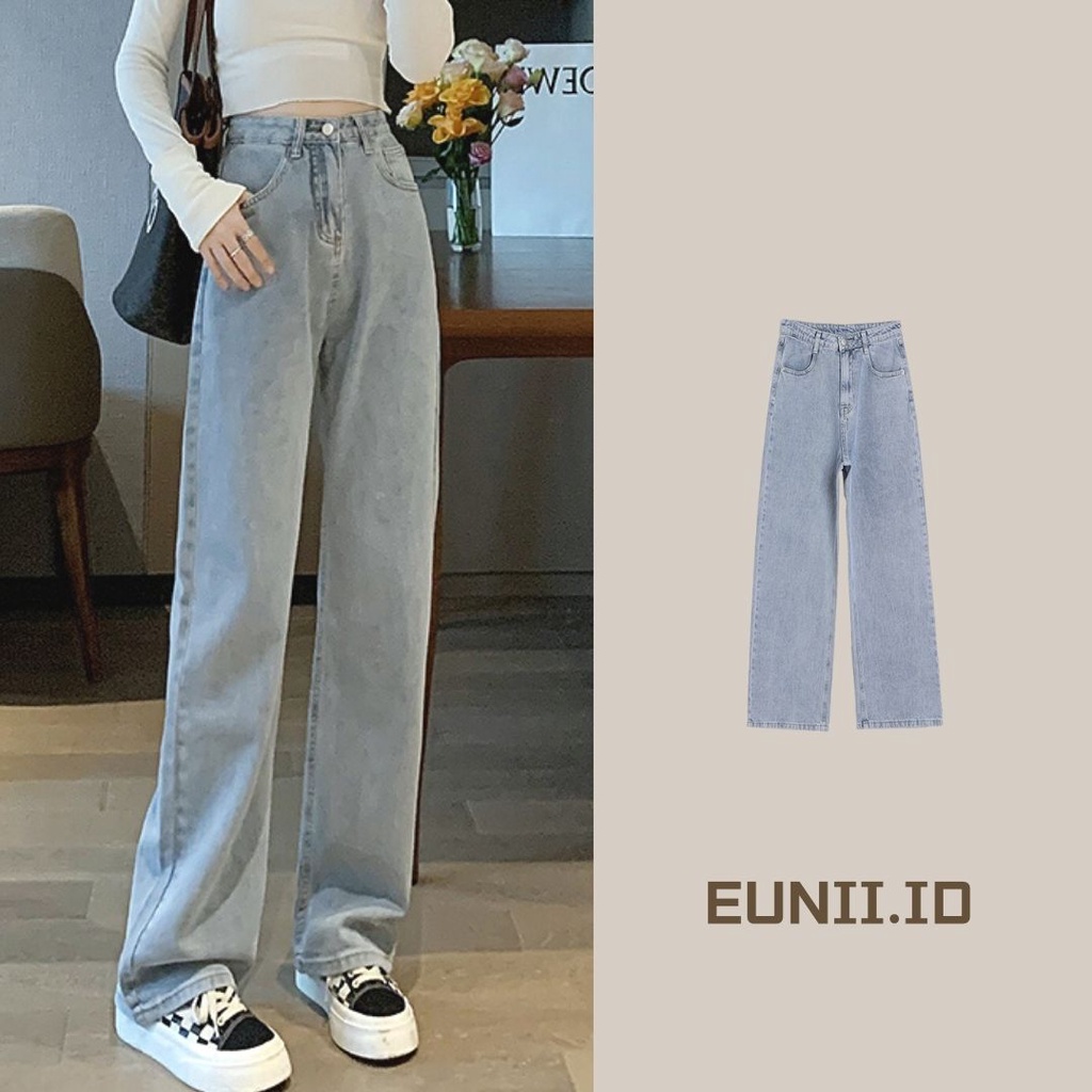 Jual EUNII Celana Jeans Wanita Jins Biru Muda High Waist Straight Leg Pants Loose Korean Style ...
