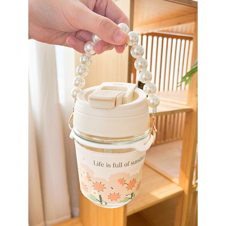 Jual BOTOL MINUM KACA 400ML BOTOL AESTHETIC TALI MUTIARA TUMBLER KOREA ...