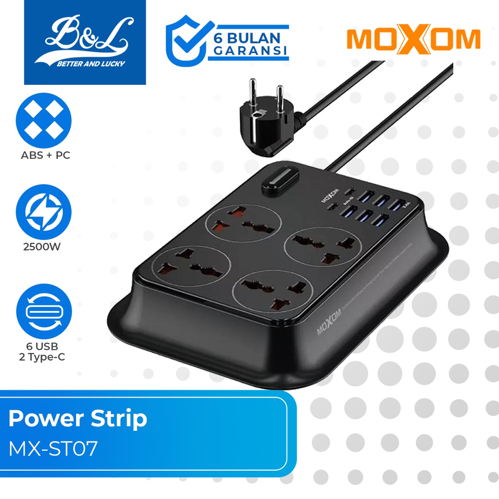 Jual MOXOM MX-ST07 Power Strip 4 Power Socket 6 USB-A 2 USB-C 3.4A Kabel 2m | Shopee Indonesia
