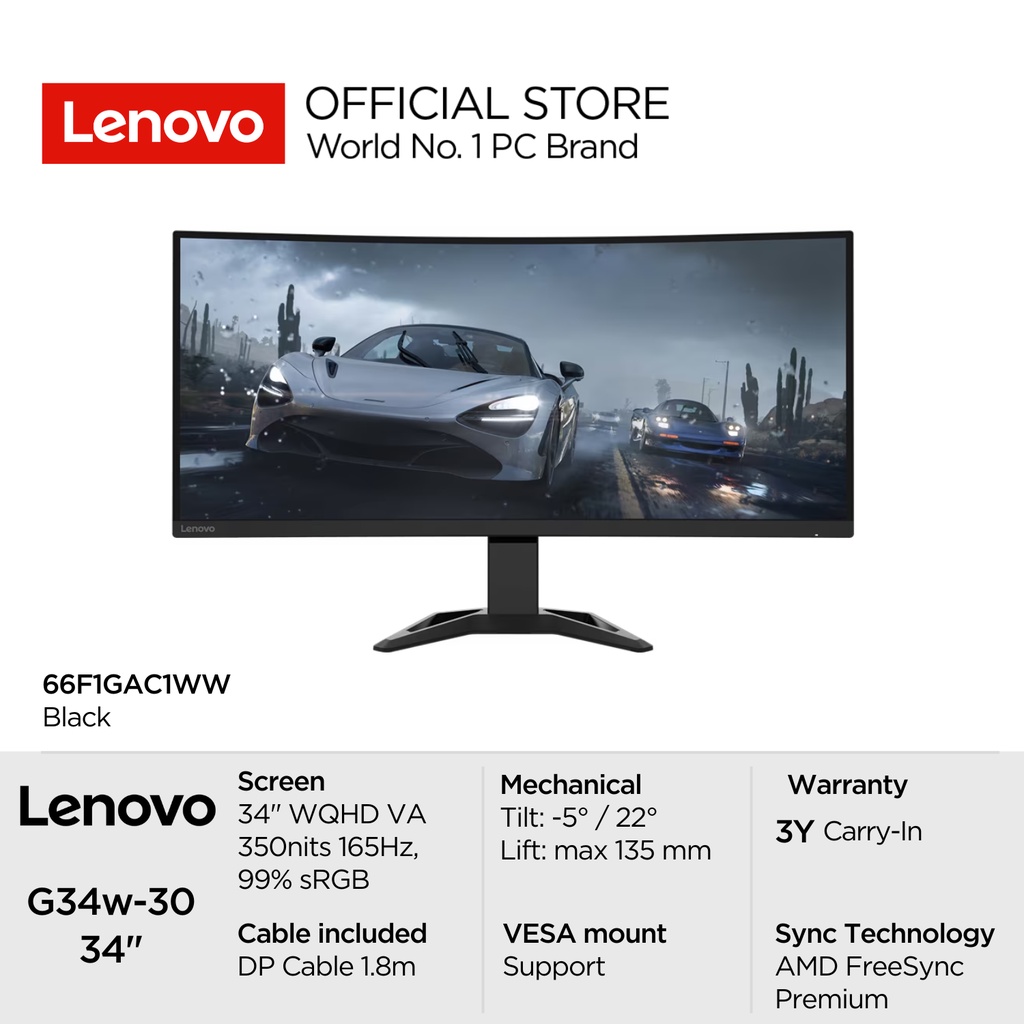 Jual Lenovo Gaming Monitor G34w-30 WLED Ultra-Wide Curve 1500R ...