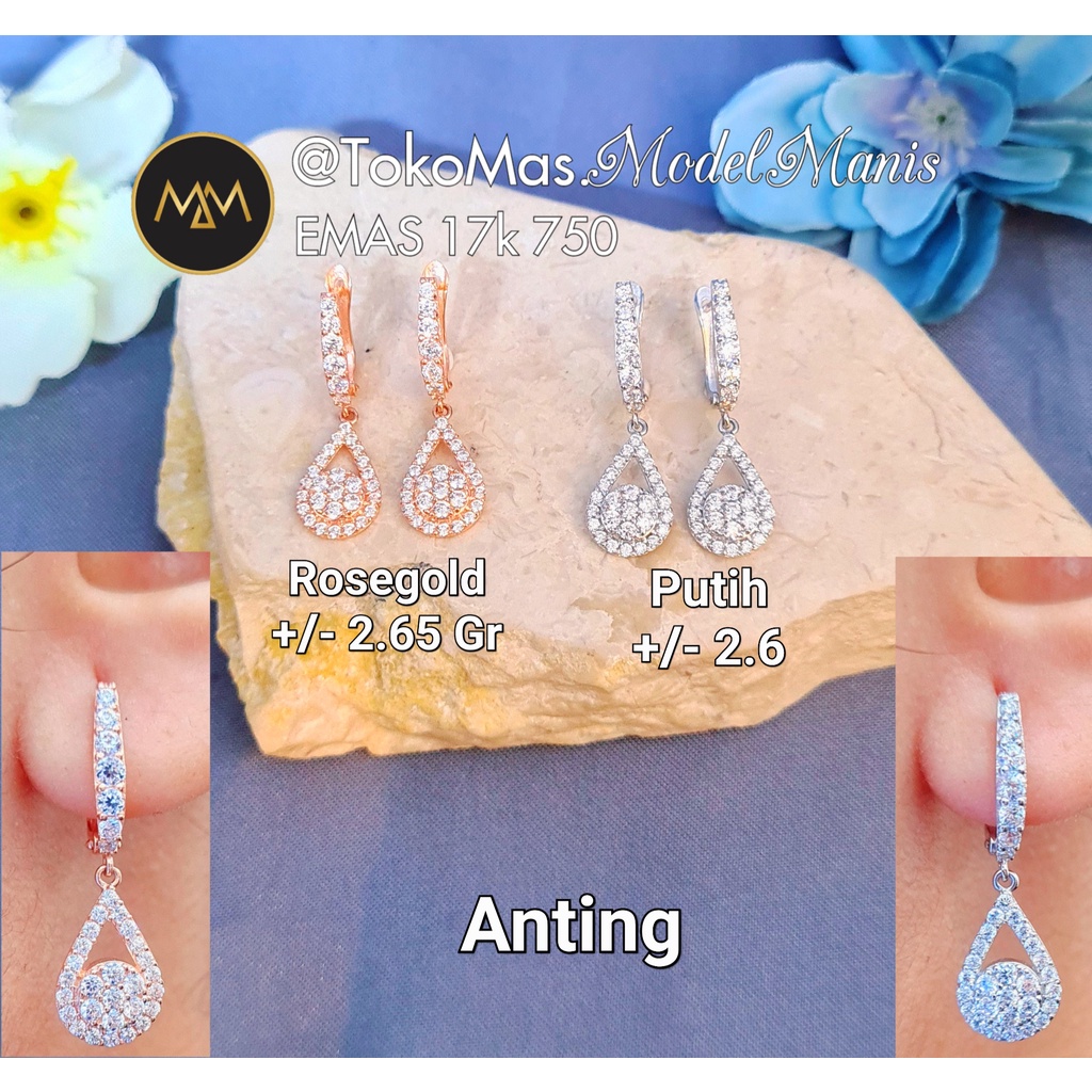 Jual Anting emas putih rosegold water drop jepit kadar 750 | Shopee ...