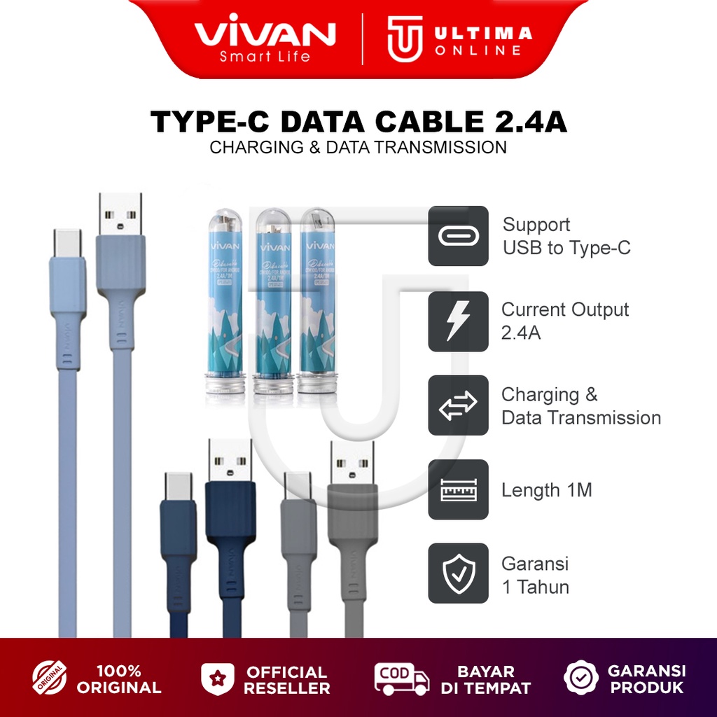 Jual VIVAN Kabel Data Type C CTC100S Charger Cable Tipe C Tepsi Quick ...