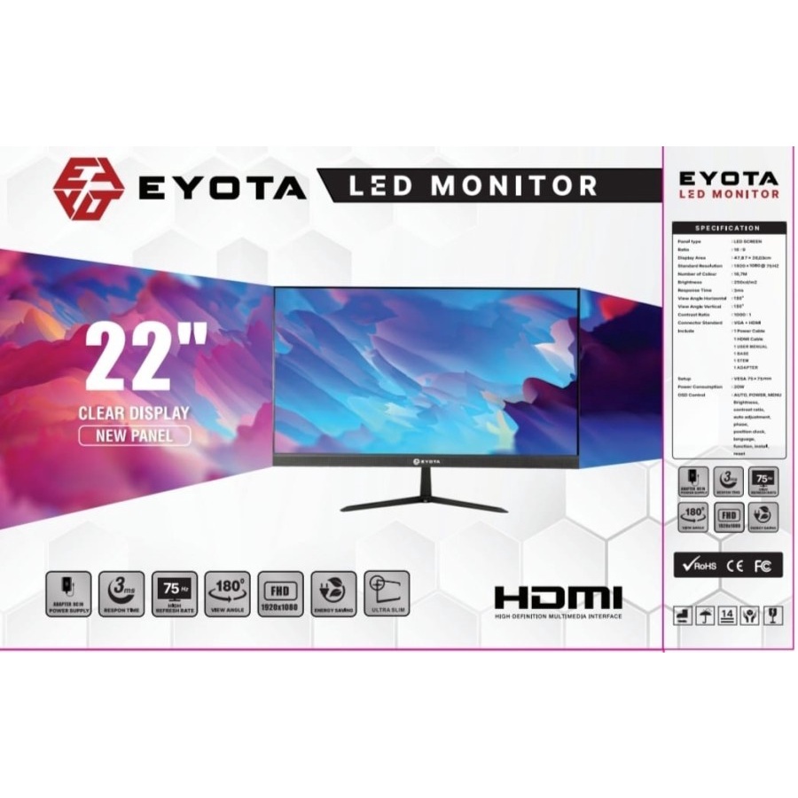 Jual Eyota Monitor LED 22 Inch VGA & HDMI New Panel Garansi Terjamin ...