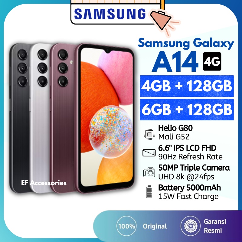 Jual SAMSUNG GALAXY A14 4G 4/128 GB, 6/128 GB HELIO G80 TRIPLE 50MP CAMERA BATERAI 5000mAh ...