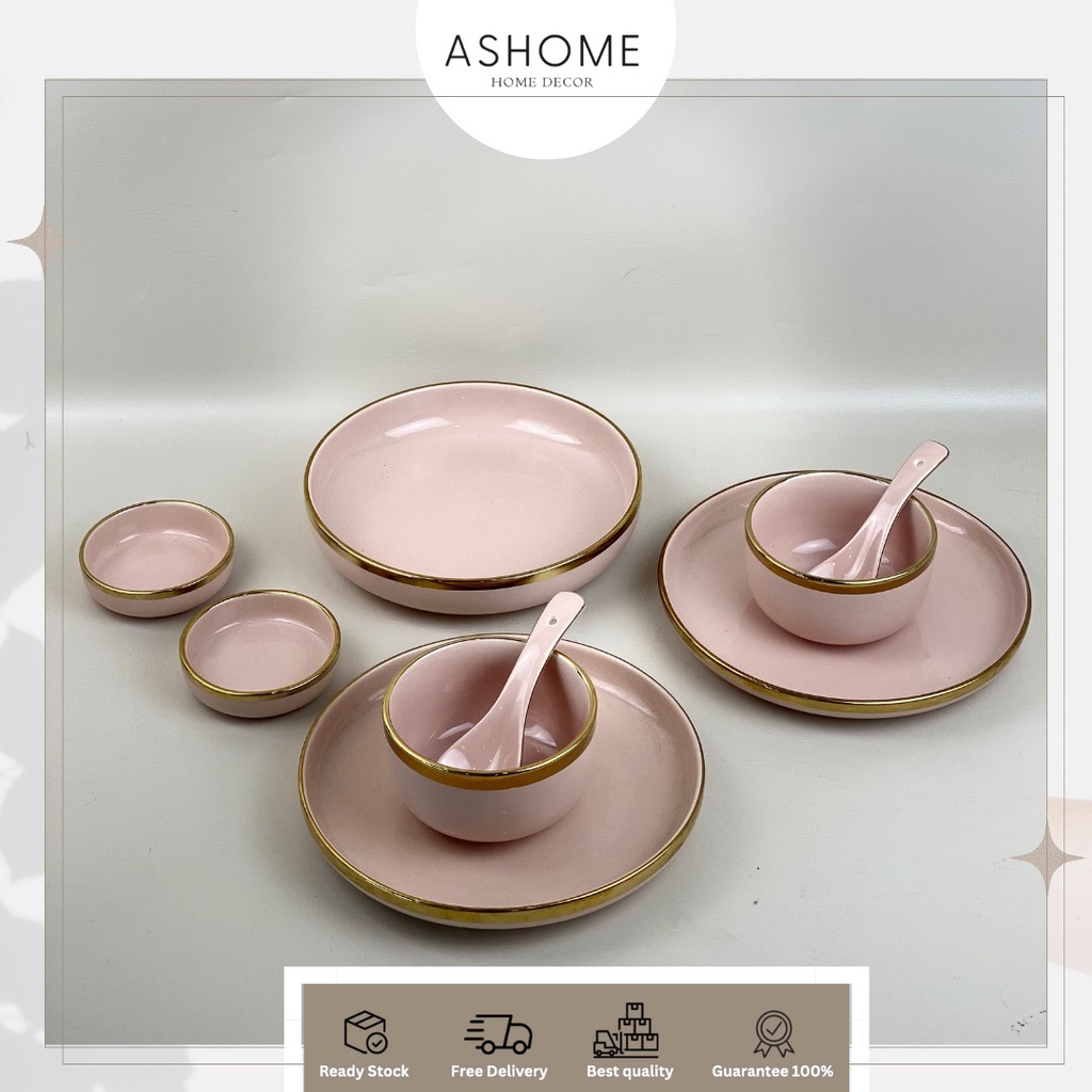 Jual ASHOME Piring Set 2 Orang Piring Makan Set Keramik Light Pink Gold ...