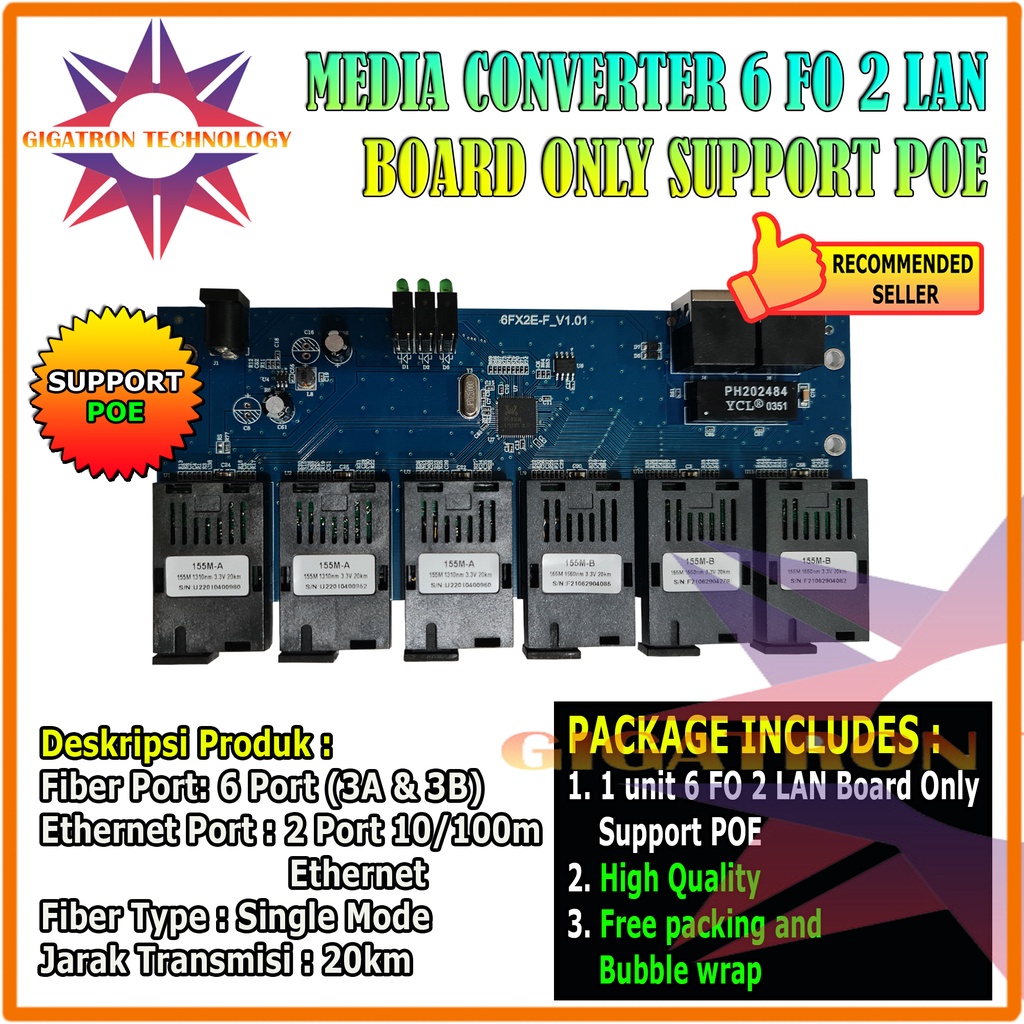 Jual Media Converter Fiber Optic 6 Port FO 2 Port LAN POE 10/100 PCBA ...