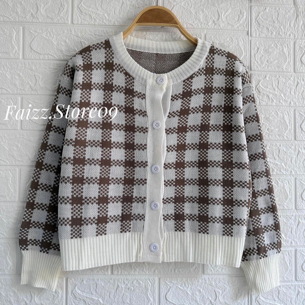 Jual MAYA CARDIGAN RAJUT KANCING CROP TOP MOTIF KOTAK KOTAK | Shopee Indonesia