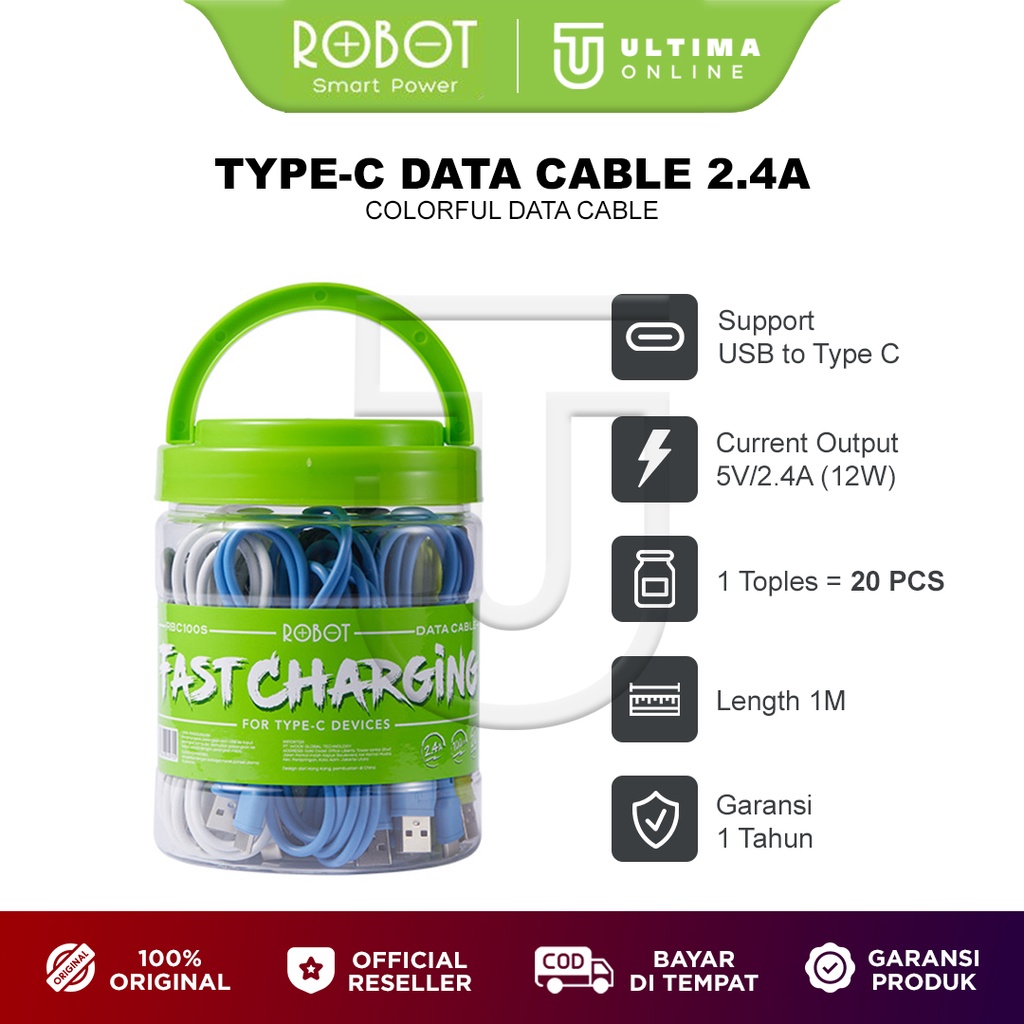 Jual ROBOT Kabel Data Type C RBC100S Cable Quick Charging 2.4A (isi 20 ...