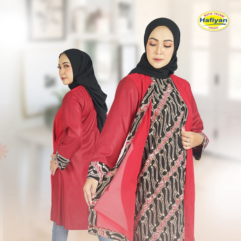 Jual Batik Trusmi Hafiyan Tunik Merah Mix Toyobo Ceruty | Shopee Indonesia