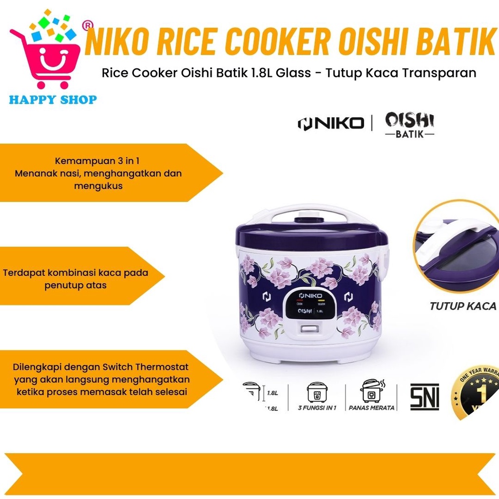 Jual NIKO Rice Cooker Oishi Batik NK 18 - Tutup Kaca Transparan ...