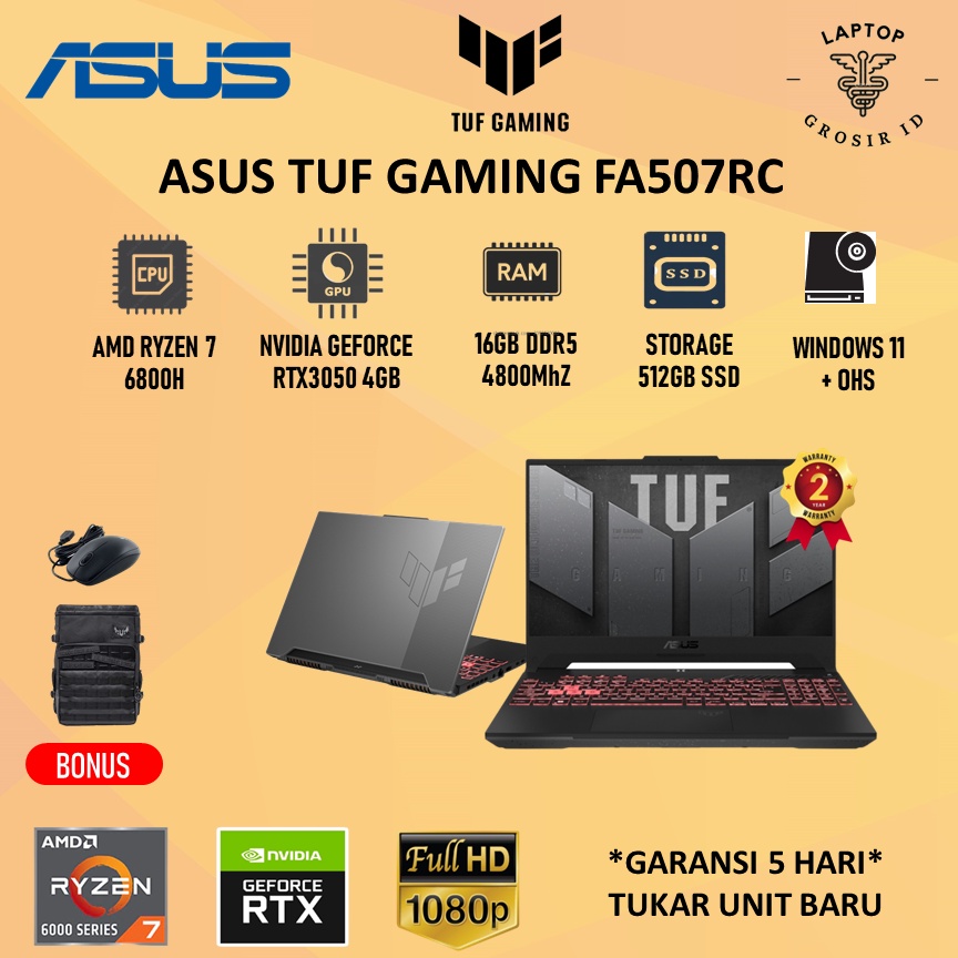 Jual Asus Tuf FA507RC RTX3050 Ryzen 7 6800H 16GB 512SSD W11+OHS 15.6FHD ...