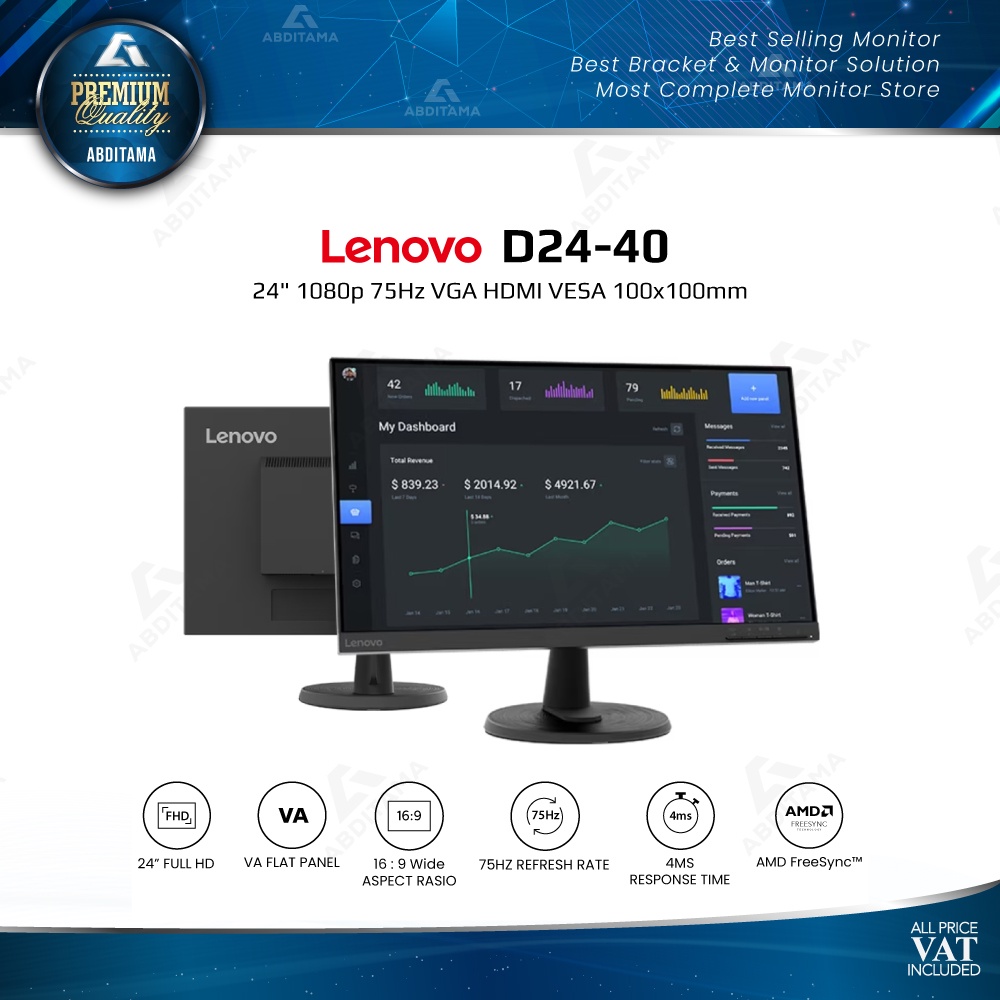 Jual Monitor LED Lenovo D24-40 24" 1080p 75Hz VGA HDMI VESA 100x100mm ...