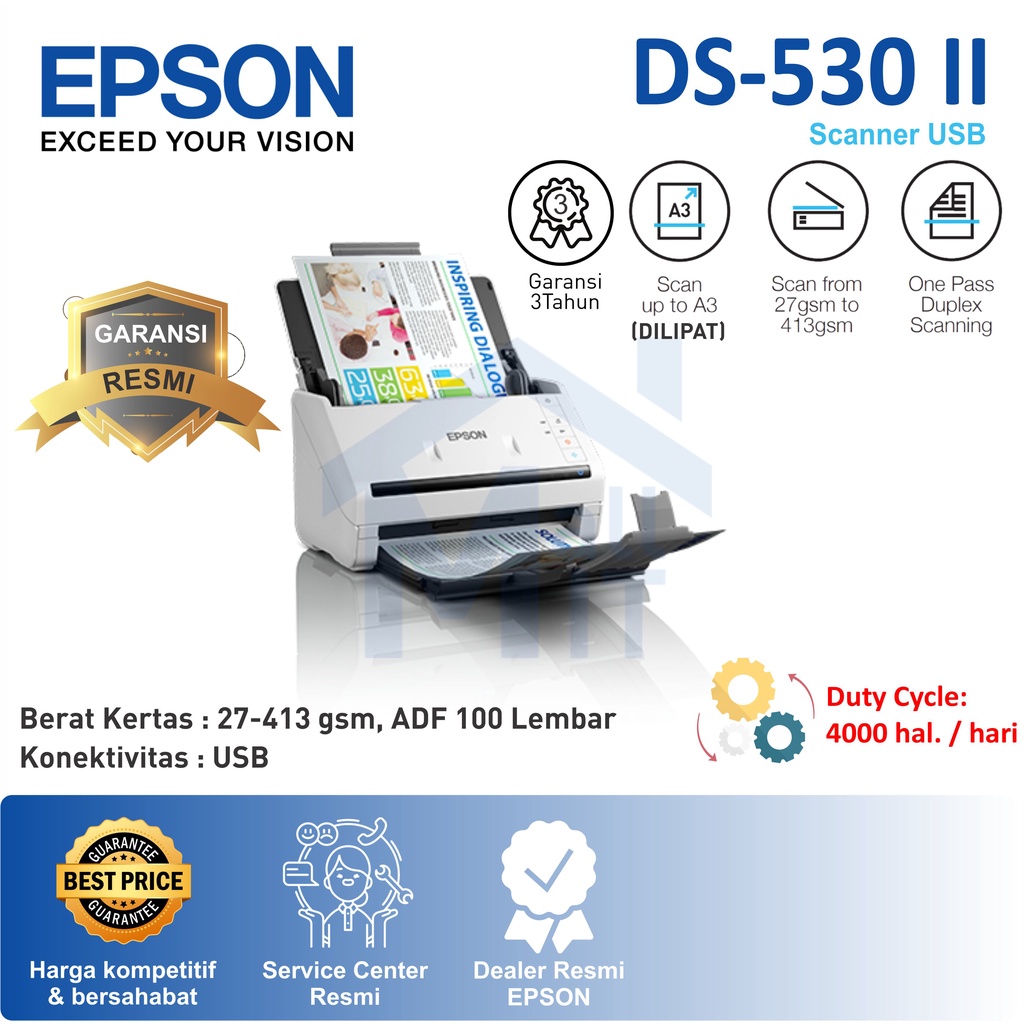 Jual Scanner Epson DS-530 II DS530II DS530 II DS 530 II Up to A3 USB ...