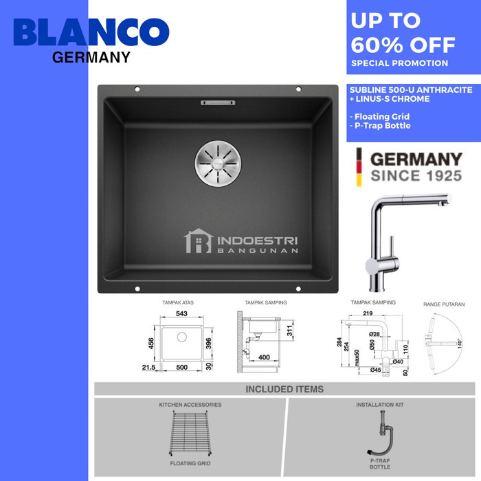 Jual Promo Kitchen Sink Blanco Subline 500 U + Mixer Tap Linus S (Pull ...